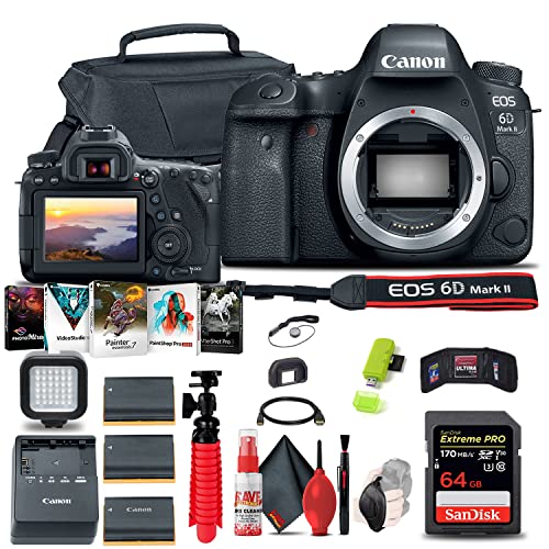 Canon EOS 6D Mark II DSLR Camera (Body Only) (1897C002) + 64GB Memory Card + Case + Photo Software + 2 x LPE6 Battery + Card Reader + Light + Flex Tripod + Hand Strap + More (Renewed)