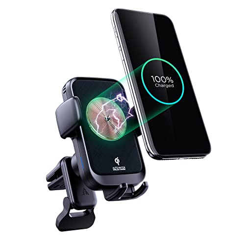 HTC Wireless Car Charger & Car Phone Holder 2 in 1, 15W Auto Clamping Cradle Qi Fast Charging Car Air Vent Phone Mount Compatible with iPhone 13/13 Pro/12 Pro Max, Samsung Galaxy S22 S20 10+ S9+S8