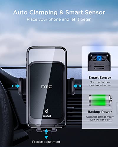 HTC Wireless Car Charger & Car Phone Holder 2 in 1, 15W Auto Clamping Cradle Qi Fast Charging Car Air Vent Phone Mount Compatible with iPhone 13/13 Pro/12 Pro Max, Samsung Galaxy S22 S20 10+ S9+S8