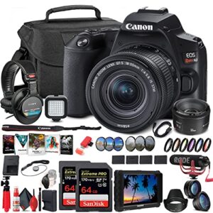 canon eos rebel sl3 dslr camera with 18-55mm lens (black) (3453c002) + 4k monitor + canon ef 50mm lens + mic + pro headphones + 2 x 64gb card + color filter kit + case + filter kit + more (renewed)