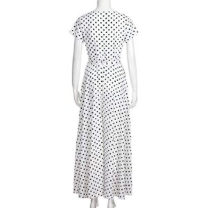 XIMIN Women's Fashion Casual Short Sleeve V-Neck Low Cut Printed Polka Dot Dress Beach Maxi Dress (White, Size:L)