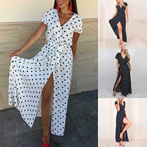 XIMIN Women's Fashion Casual Short Sleeve V-Neck Low Cut Printed Polka Dot Dress Beach Maxi Dress (White, Size:L)