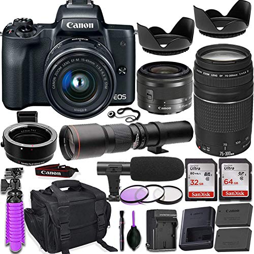 Canon EOS M50 Mirrorless Camera (Black) w/M-Adapter & Canon Lenses - EF-M 15-45mm f/3.5-6.3 is STM and EF 75-300mm f/4-5.6 III + 500mm Preset Telephoto Lens + Deluxe Travel Accessory Bundle (Renewed)