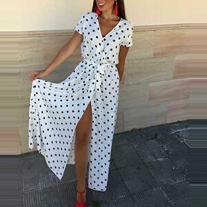 XIMIN Women's Fashion Casual Short Sleeve V-Neck Low Cut Printed Polka Dot Dress Beach Maxi Dress (White, Size:XL)