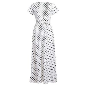 XIMIN Women's Fashion Casual Short Sleeve V-Neck Low Cut Printed Polka Dot Dress Beach Maxi Dress (White, Size:XL)