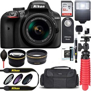 nikon d3400 24.2 mp dslr camera + af-p dx 18-55mm vr nikkor lens kit (black) 32gb sdxc memory + slr photo bag + wide angle lens + 2x telephoto lens + flash accessory bundle (renewed)