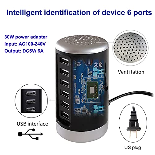 Desktop USB Charging Station,6-Port USB Tower Charging Station 30W 6A USB Charging Station,Multi Ports USB Charger Charging for Smartphones，Tablets，and Other USB Devices.(Black)