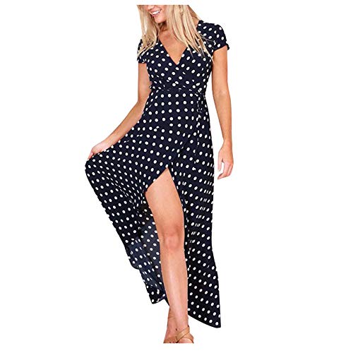 XIMIN Women's Fashion Casual Short Sleeve V-Neck Low Cut Printed Polka Dot Dress Beach Maxi Dress (Navy, Size:XXL)