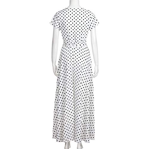 XIMIN Women's Fashion Casual Short Sleeve V-Neck Low Cut Printed Polka Dot Dress Beach Maxi Dress (White, Size:XXXXL)