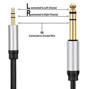 3.5 mm to 6.35 mm Audio Cable 10Ft, Gold-Plated Terminal Silver Color Zinc Alloy Housing 3.5mm 1/8" Male TRS to 6.35mm 1/4" Male TRS Nylon Braided Stereo Audio Cable for CellPhone, Amplifiers(10Ft/3M)