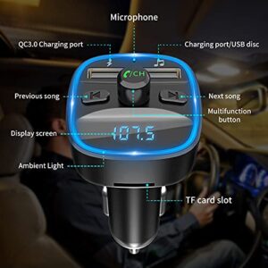 Bluetooth FM Transmitter for Car, RIIKUNTEK FM Transmitter Wireless Radio Adapter Car Kit with Dual USB Car Charger, Hands Free Calling, Blue Light, Support TF Card, USB Disk Black