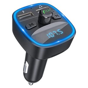 bluetooth fm transmitter for car, riikuntek fm transmitter wireless radio adapter car kit with dual usb car charger, hands free calling, blue light, support tf card, usb disk black