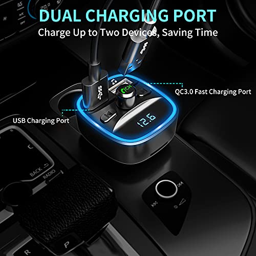 Bluetooth FM Transmitter for Car, RIIKUNTEK FM Transmitter Wireless Radio Adapter Car Kit with Dual USB Car Charger, Hands Free Calling, Blue Light, Support TF Card, USB Disk Black