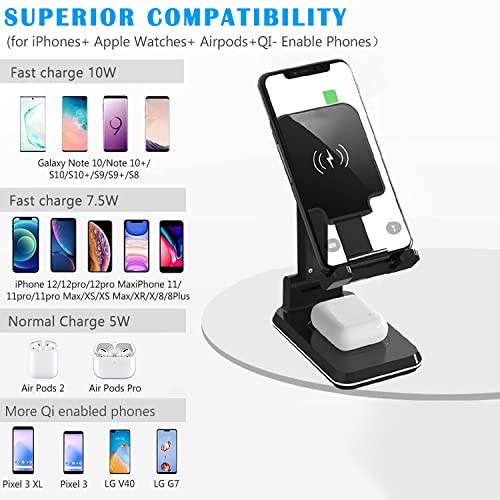 HINIDESPE Dual Wireless Charger Stand, 2 in 1 Charging Angle Height Adjustable Cell Phone Desk Holder Dock for iPhone 12/11/Xs/Max/X/8/8P AirPods, Samsung S10/S9/S8/Note10, black