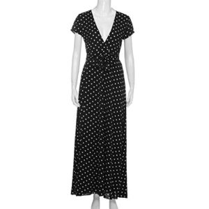 XIMIN Women's Fashion Casual Short Sleeve V-Neck Low Cut Printed Polka Dot Dress Beach Maxi Dress (Black, Size:XXXXL)