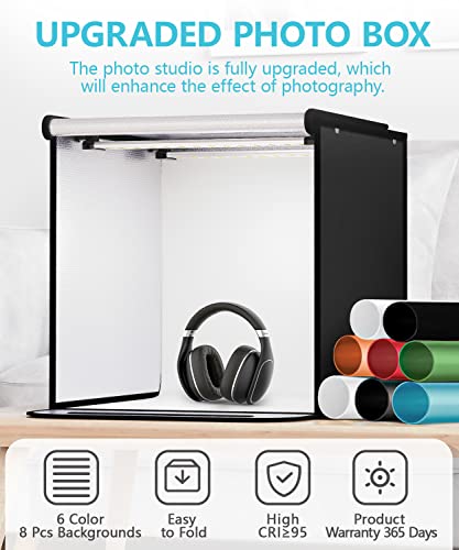 8 Pcs Backgrounds Photo Light Box, SAMTIAN Portable 16x16x16 Inches Photography Studio Light Box Shooting Tent Tabletop Photography Lighting Kit with Brightness Dimmer for Photography