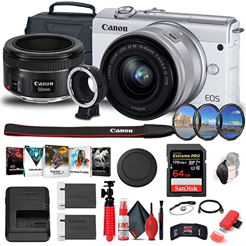 Canon EOS M200 Mirrorless Digital Camera with 15-45mm Lens (White) (3700C009) + Canon EF-M Lens Adapter + Canon EF 50mm Lens + 64GB Card + Case + Photo Software + More (Renewed)