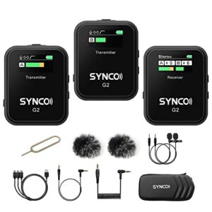 synco wireless lavalier microphone g2(a2), 2.4g lavalier dual transmitter lapel mic for vlog streaming youtube for dslr camera smartphone tablet, wireless-lavalier-microphone-dual-channel