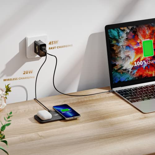 Dual Wireless Charger with 5 Charging Coils, 65W GaN Wall Charger Adapter, Compatible with iPhone and AirPods Pro