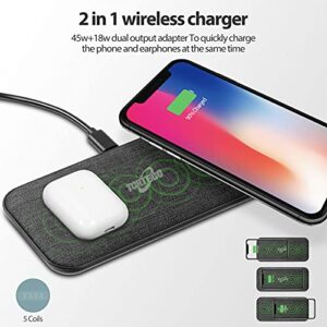 Dual Wireless Charger with 5 Charging Coils, 65W GaN Wall Charger Adapter, Compatible with iPhone and AirPods Pro