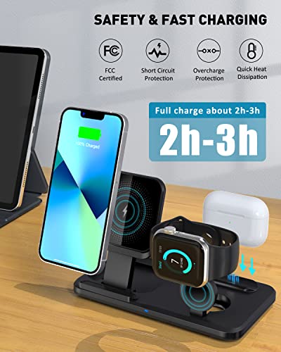 3 in 1 Charging Station for Apple Multiple Devices, Foldable Wireless Charger Portable Travel Charging Dock Charger Stand Compatible with iPhone Airpods Apple Watch with Adapter