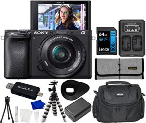 sony a6400 mirrorless digital camera bundle with 16-50mm lens, water resistant gadget bag, cleaning kit, eyeshade, card reader, rear lens cap + more | alpha 6400 e-mount aps-c sensor black