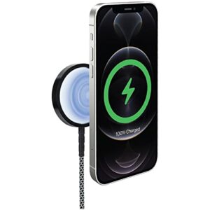 iHome Magnetic Wireless Charger with10W Durastrain Charging Nylon Cable and Silicone Cable Wrap, Compatible with MagSafe Cases, for iPhone 12/13,(Black, 10ft)