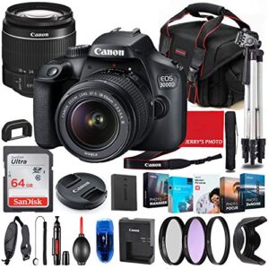 canon eos 3000d (rebel t100) dslr camera with 18-55mm lens bundle + premium accessory bundle including 64gb memory, filters, photo/video software package, shoulder bag & more (renewed)