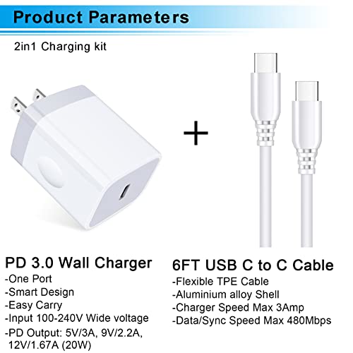 Pixel 7 Charger Block, USB C Fast Charger 20W Power Adapter Plug Android Phone Charger Box with 6ft USB C to C Cable for Pixel 7 Pro 6a 6 5a 5 4 3 2 XL, Samsung S22 Ultra S21 FE 5G S20 A53 A73 A23 A13