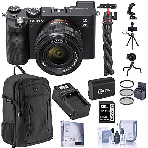 Sony Alpha 7C Mirrorless Digital Camera with FE 28-60mm Lens, Black, Bundle with 128GB SD Card, Backpack, Mini Tripod, Extra Battery, Charger, Screen Protector and Accessories