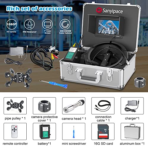 Sanyipace Sewer Camera 1080P FHD, 164FT/50M, 5X Zoom in, Remote Control, Sapphire Lens, Battery Level Display, 12 Adjustable White LED Lights, 7'' LCD Screen, Drain Inspection Camera, 16GB SD Card