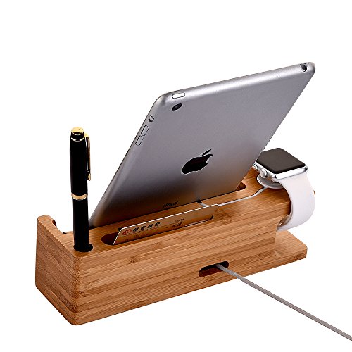 MOOZO Bamboo Wood Desktop Charging Dock Station Charger Holder Cradle Stand Compatible iPhone Xs MAX XR X 8 7 6 6S Plus Apple Watch 2 3 4 / iWatch Samsung Galaxy S8 S7 S6 Edge Plus LG HTC Smartphones