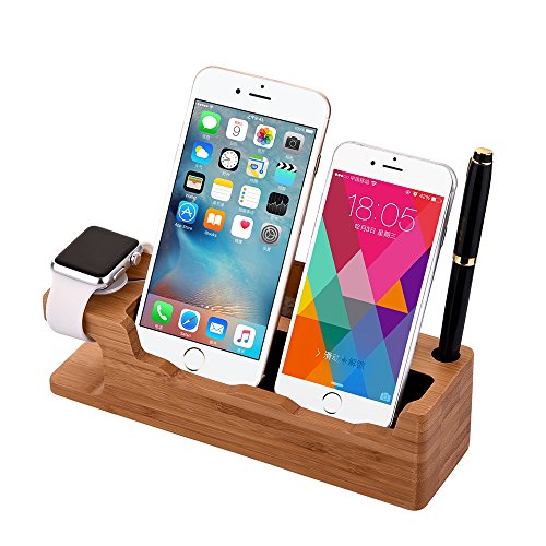 MOOZO Bamboo Wood Desktop Charging Dock Station Charger Holder Cradle Stand Compatible iPhone Xs MAX XR X 8 7 6 6S Plus Apple Watch 2 3 4 / iWatch Samsung Galaxy S8 S7 S6 Edge Plus LG HTC Smartphones