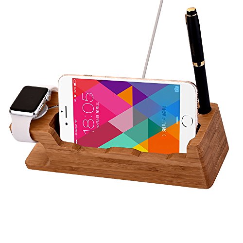 MOOZO Bamboo Wood Desktop Charging Dock Station Charger Holder Cradle Stand Compatible iPhone Xs MAX XR X 8 7 6 6S Plus Apple Watch 2 3 4 / iWatch Samsung Galaxy S8 S7 S6 Edge Plus LG HTC Smartphones