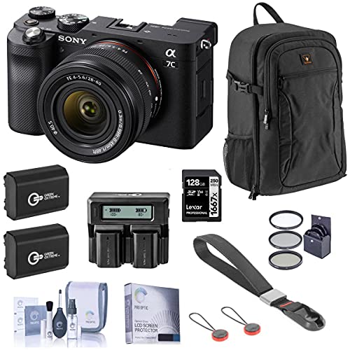 Sony Alpha 7C Mirrorless Digital Camera with FE 28-60mm Lens, Black, Bundle with 128GB SD Card, Backpack, Wrist Strap, 2X Extra Battery, Dual Charger, Filter Kit and Accessories