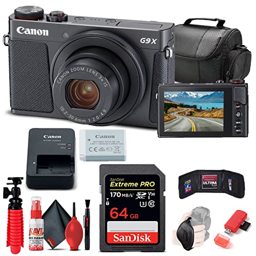 Canon PowerShot G9 X Mark II Digital Camera (Black) (1717C001) + 64GB Memory Card + Card Reader + Deluxe Soft Bag + Flex Tripod + Hand Strap + Memory Wallet + Cleaning Kit (Renewed)