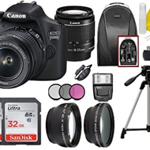 Ultimate Deals Canon EOS 2000D / Rebel T7 DSLR Camera with EF-S 18-55mm Zoom Lens + 2X SanDisk 32GB Memory Card + Tripod + Case + Wideangle Lenses + Top Knotch Bundle (Renewed)