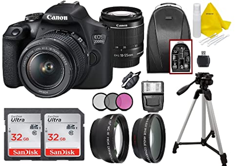 Ultimate Deals Canon EOS 2000D / Rebel T7 DSLR Camera with EF-S 18-55mm Zoom Lens + 2X SanDisk 32GB Memory Card + Tripod + Case + Wideangle Lenses + Top Knotch Bundle (Renewed)