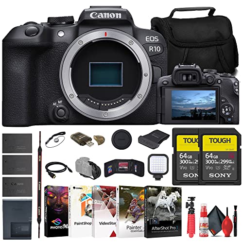 Canon EOS R10 Mirrorless Camera (5331C002) + 2 x Sony 64GB Tough SD Card + Bag + Charger + 2 x LPE17 Battery + Card Reader + LED Light + Corel Photo Software + Flex Tripod + More (Renewed)