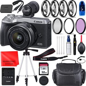 m6 mark ii mirrorless digital camera with 15-45mm lens + evf-dc2 viewfinder bundle (silver) vlogging camera kit + tripod, memory card, lens filters and more