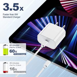 20W iPad Fast Charger USB C for iPad Pro 12.9,11 inch 2021/2020/2018, New iPad Air 5th/4th 10.9 inch 2022/2020, Apple-iPad Mini 6 Gen 2021, PD Wall Charging Block with 6Ft USB C to C Charging Cable