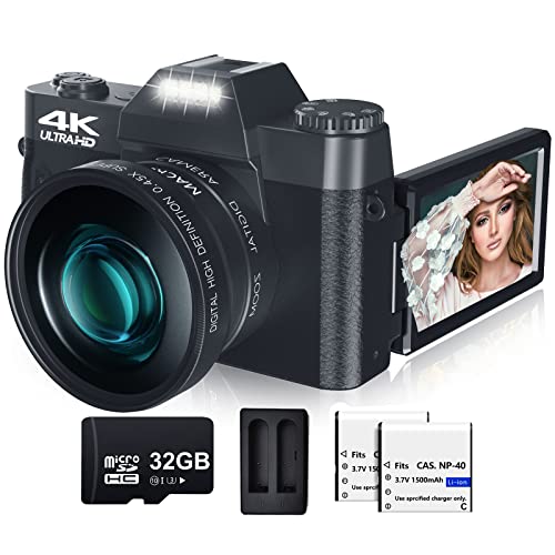 VJIANGER Digital Camera for Photography and Video 4K 48MP Vlogging Camera for YouTube with 180° Flip Screen,16X Digital Zoom,52mm Wide Angle & Macro Lens, 32GB TF Card, 2 Batteries (W01-Black)