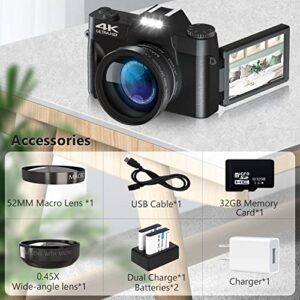 VJIANGER Digital Camera for Photography and Video 4K 48MP Vlogging Camera for YouTube with 180° Flip Screen,16X Digital Zoom,52mm Wide Angle & Macro Lens, 32GB TF Card, 2 Batteries (W01-Black)