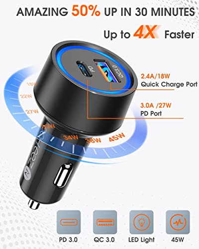 Car Charger, ZeeHoo USB C Car Charger Adapter QC 3.0&PD Dual Port 45W Fast Charging for Apple iPhone 14 13 12 11 Pro Max Mini, Samsung Galaxy S23 Ultra/S22/Z Fold4 Flip 4/S21/Note20/Pixel/LG