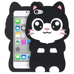 yonocosta cute ipod touch 7 case, ipod touch 6 case, ipod touch 5 case, funny kawaii 3d cartoon big eye black cat kitty animals soft silicone shockproof cases cover for kids child girls women