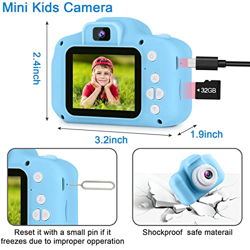 GKTZ Toys for 3-8 Year Old Boys, Kids Selfie Camera Children Digital Video Toddler Camera, Birthday Gift for Boys and Girls Age 3 4 5 6 7 8 with 32GB Card - Blue