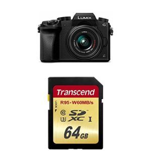 panasonic lumix g7 4k mirrorless camera, with 14-42mm mega o.i.s. lens, 16 megapixels, 3 inch touch lcd, dmc-g7kk (usa black) with transcend 64 gb memory card