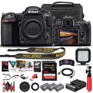 nikon d500 dslr camera (body only) (1559) + 64gb memory card + case + corel photo software + 2 x en-el 15 battery + card reader + led light + hdmi cable + cleaning set + flex tripod + more (renewed)