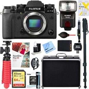 fujifilm x-t2 24.3mp mirrorless digital camera (body only) + 64gb memory & flash accessory bundle