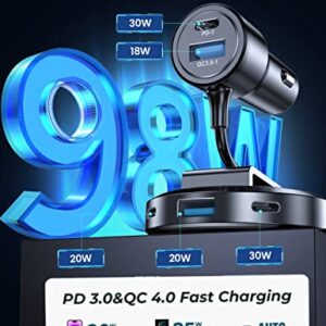 MOKPR 5 Multi USB Car Charger, 98W Fast Car Charger Adapter for Multiple Devices, PD & QC3.0 Cigarette Lighter Adapter Car Cell Phone Charger with 5FT Cable for iPhone 14/13 iPad Samsung Android